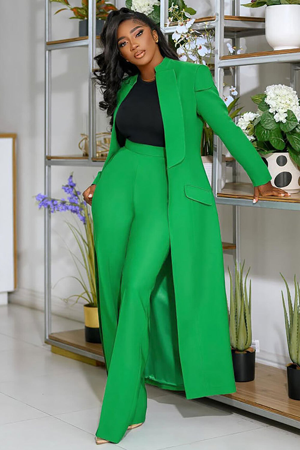 Turndown Collar Solid Color Long Blazer High Waist Pants 2pcs Set-Green ...