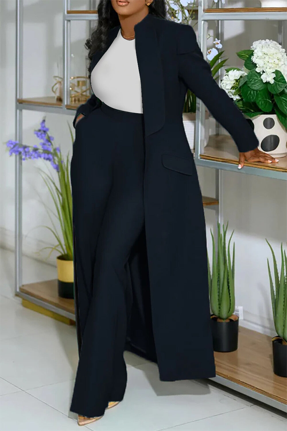 Turndown Collar Solid Color Long Blazer High Waist Pants 2pcs Set-Green ...